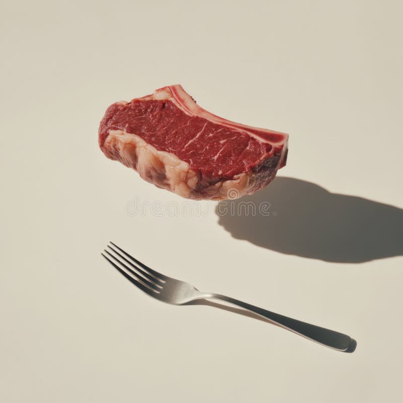 Floating Raw Beef Steak with Fork Shadow on Minimalist Background Stock ...