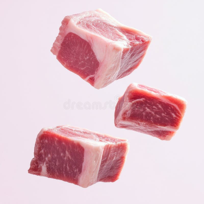 Floating Raw Meat Cubes Against Pink Background Stock Image - Image of ...