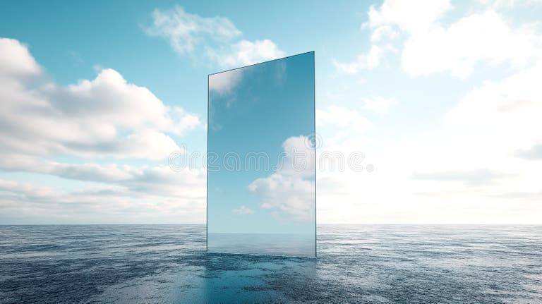 Floating Rectangular Mirror Reflecting Clouds Above Calm Ocean Horizon ...