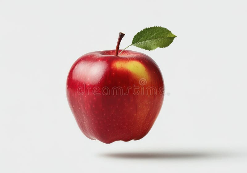 A Floating Red Apple with a Small Leaf Attached, on a Solid White ...