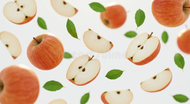 Floating Red Apples and Leaves on White Background Stock Illustration ...