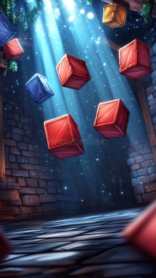 Floating Red and Blue Blocks Illuminated by Beams of Light in a Stone ...