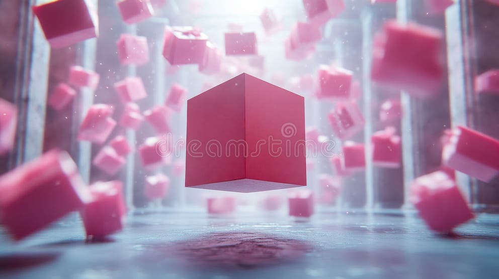 A Floating Red Cube Surrounded by Smaller Cubes in a Futuristic ...