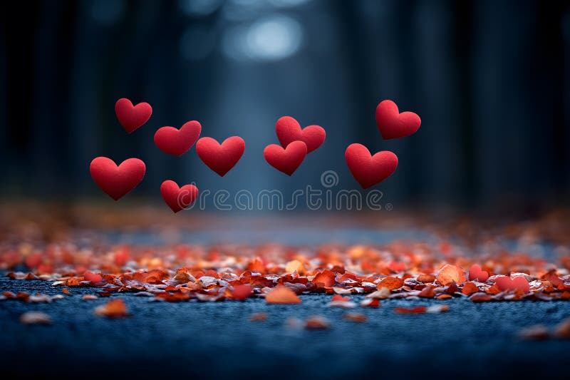 Romantic Autumn Mood with Floating Hearts on Leaf-Covered Pathway ...