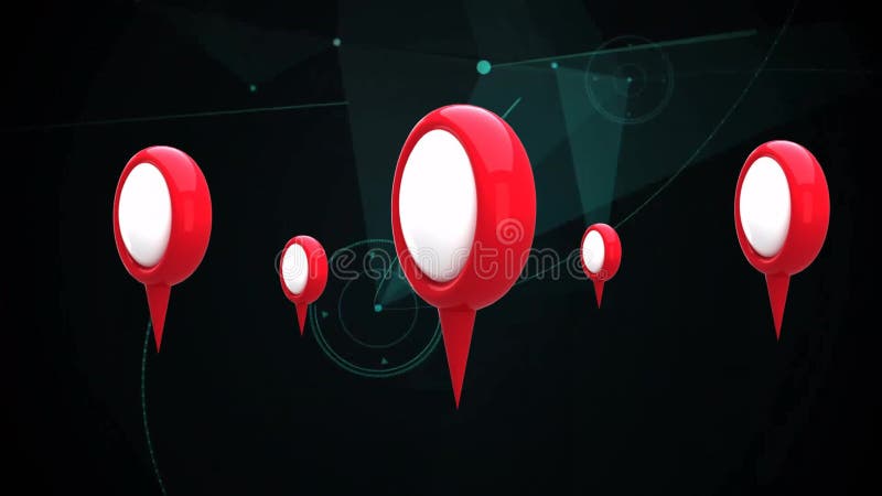 Floating Red Location Pins with Digital Network Animation on Dark ...