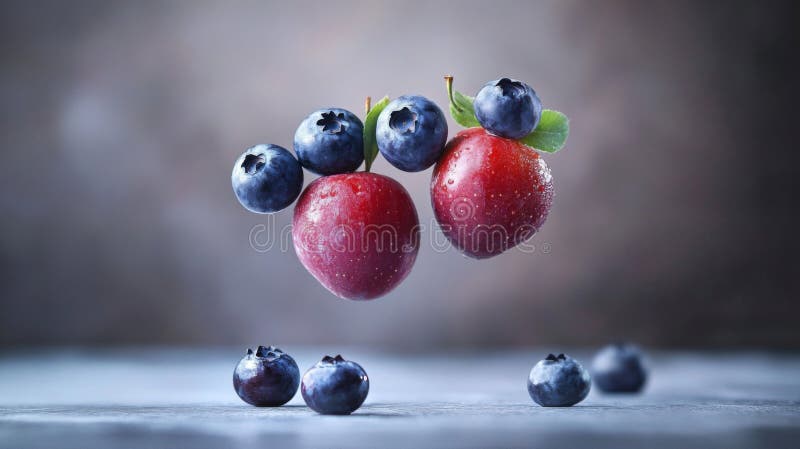 Floating Red Plums and Blueberries Still Life Stock Illustration ...