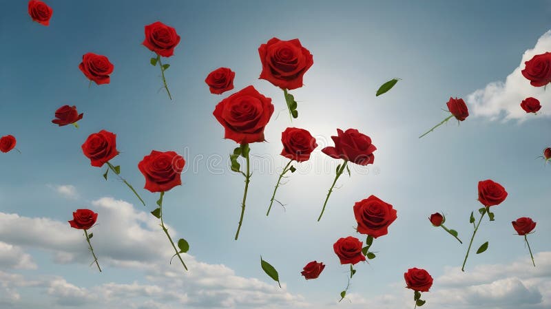 Floating Red Roses in a Clear Sky with Clouds. Stock Image - Image of ...