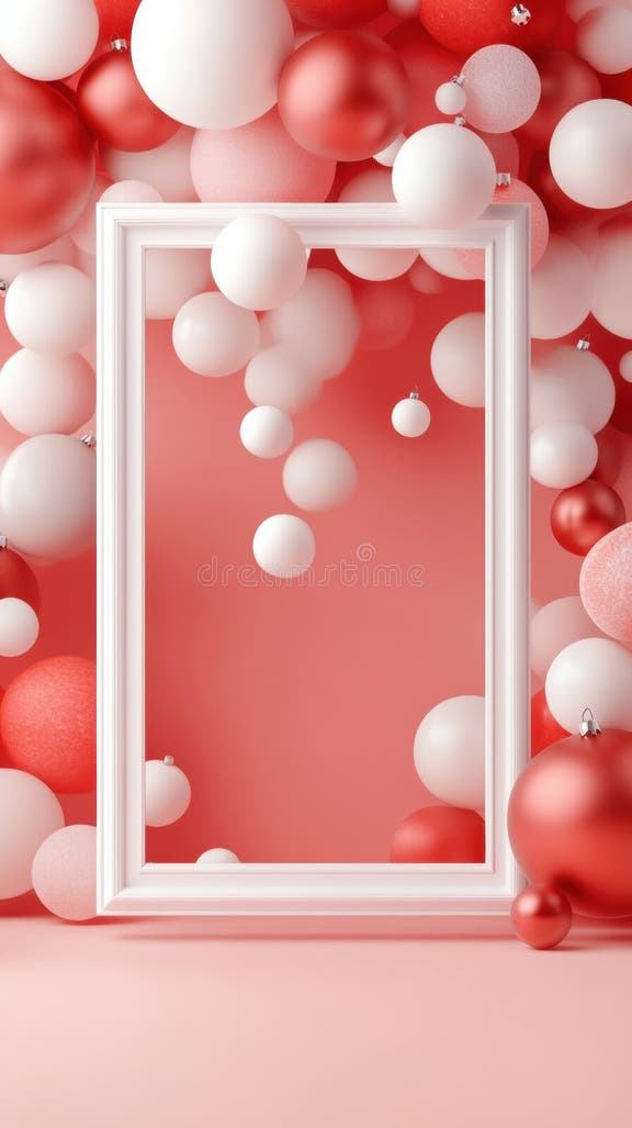 Floating Red and White Orbs Surround a Central White Frame Against a ...