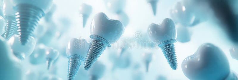 Floating Representations of Titanium Dental Implants Amidst a Soft Blue ...