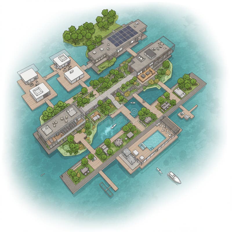 Floating Resort Complex in a Serene Water Setting. Features Modern ...
