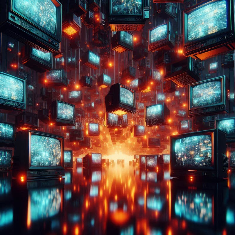 Floating Retro TVs in a Futuristic Neon-Lit Environment with Glowing ...