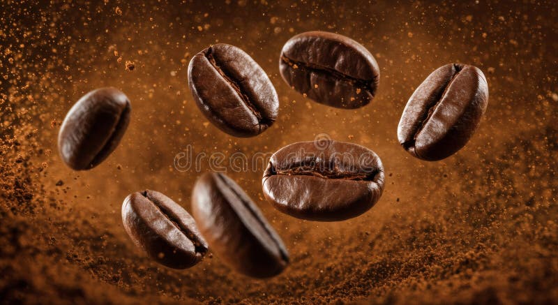 Floating Roasted Coffee Beans with Ground Coffee Background in Studio ...