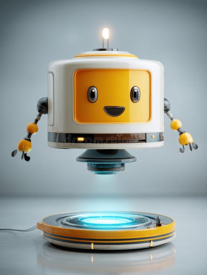 Floating Robotic Assistant with a Cheerful Face and a Display, Ready To ...