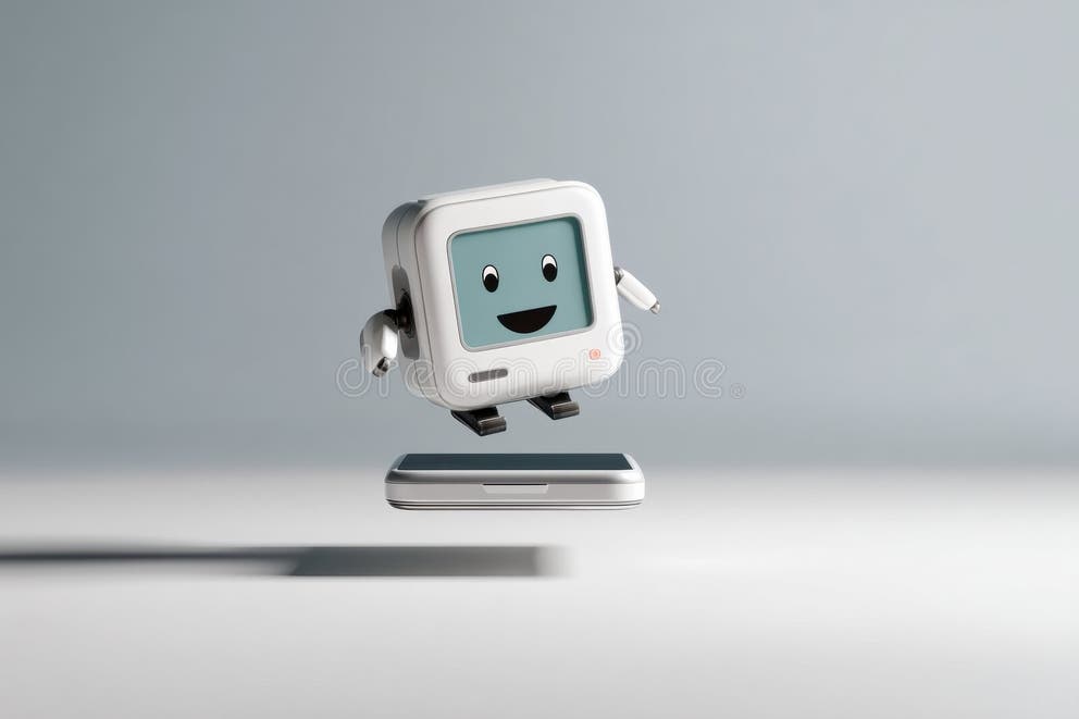 Floating Robotic Assistant with a Cheerful Face and a Hovering Screen ...
