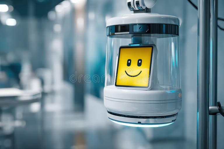 Floating Robotic Assistant Features a Smiling Face and Hovering Screen ...
