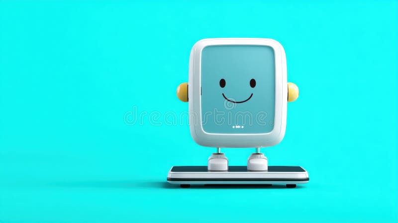 Floating Robotic Assistant with Smiling Face and Holographic Screen in ...