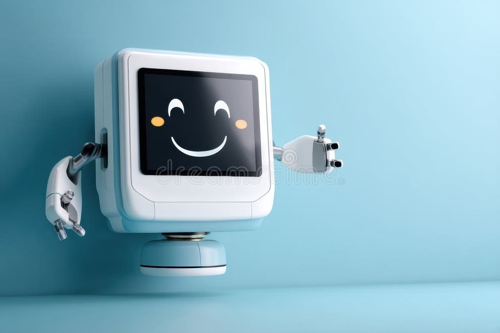 Floating Robotic Assistant with a Smiling Face and a Hovering Display ...