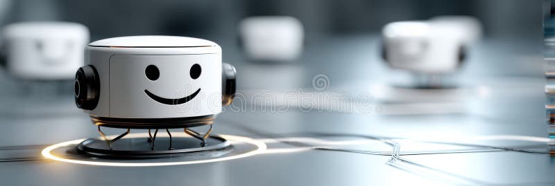 Floating Robotic Assistant with Smiling Face and Hovering Screen ...