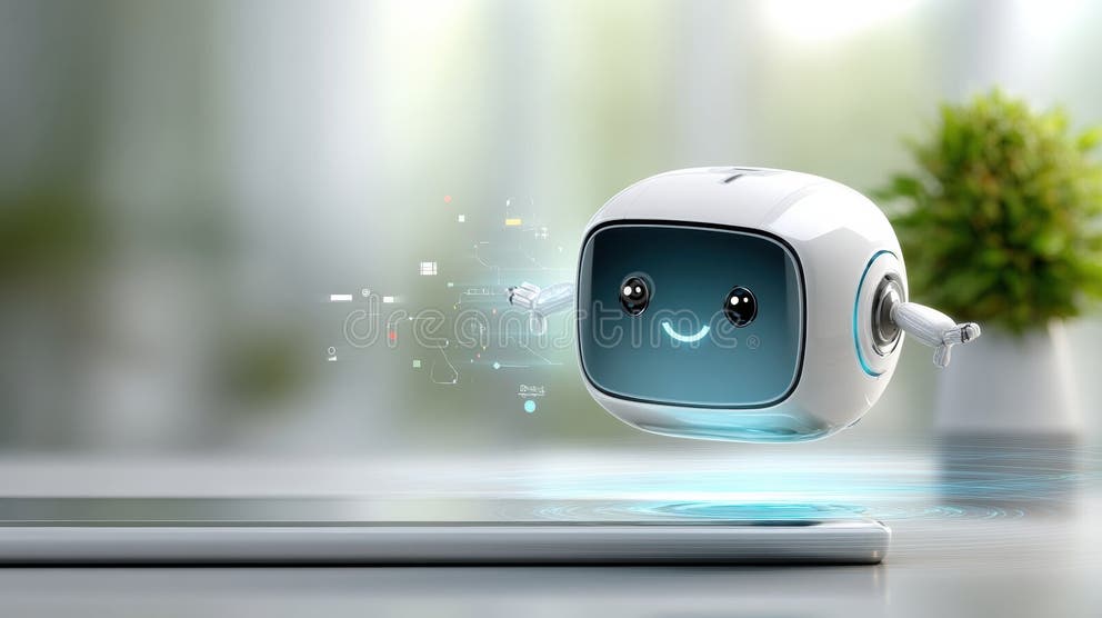 Floating Robotic Assistant with a Smiling Face and a Hovering Screen ...