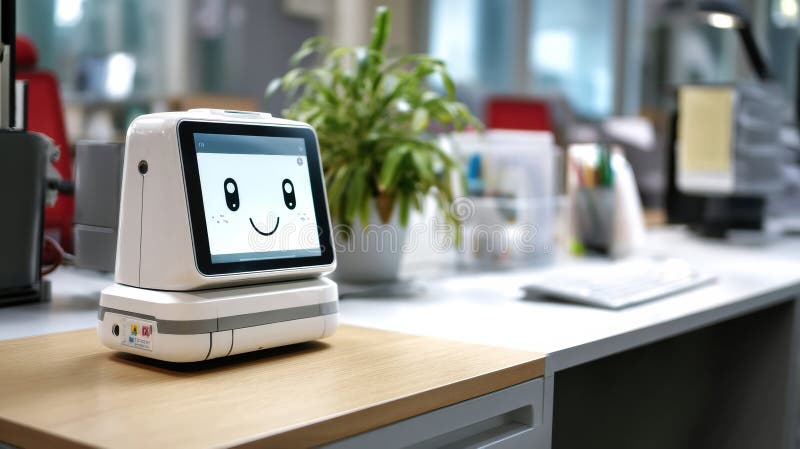 Floating Robotic Assistant with Smiling Face and Hovering Screen ...