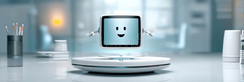 Floating Robotic Assistant Cheerful Face Interactive Screen Modern ...