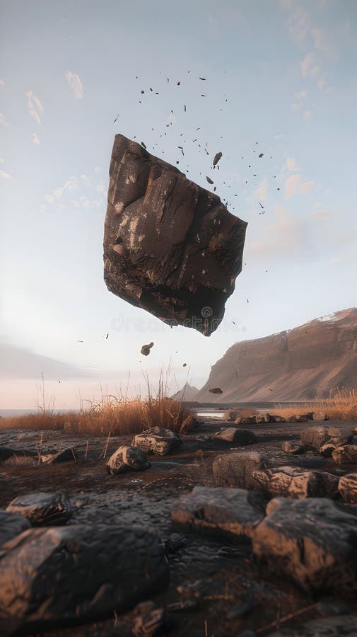 A Floating Rock Above a Rugged Landscape, Creating a Surreal and ...