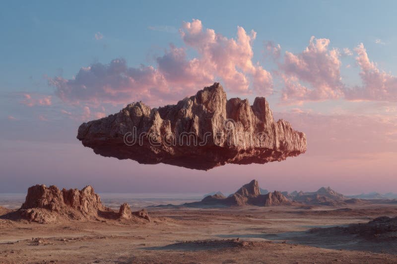 Floating Rock Formation Over Desert Landscape at Sunset Stock ...