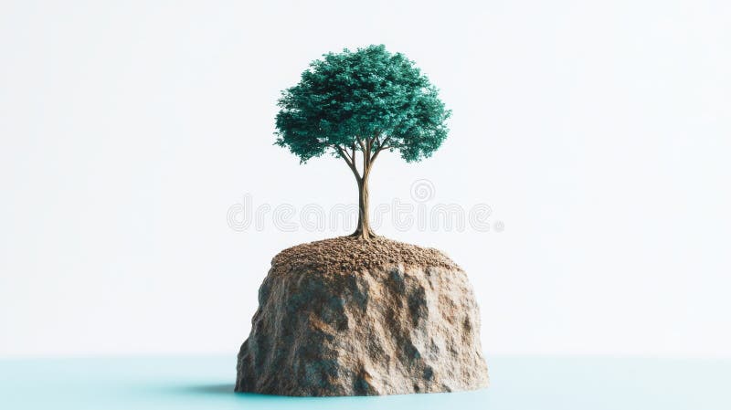 On a Floating Rock Island, a Tree Grows Upwards, with a Minimalist Sky ...