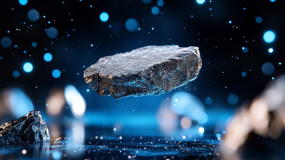 Floating Rock in Mysterious Cosmic Setting with Blue Glowing Particles ...