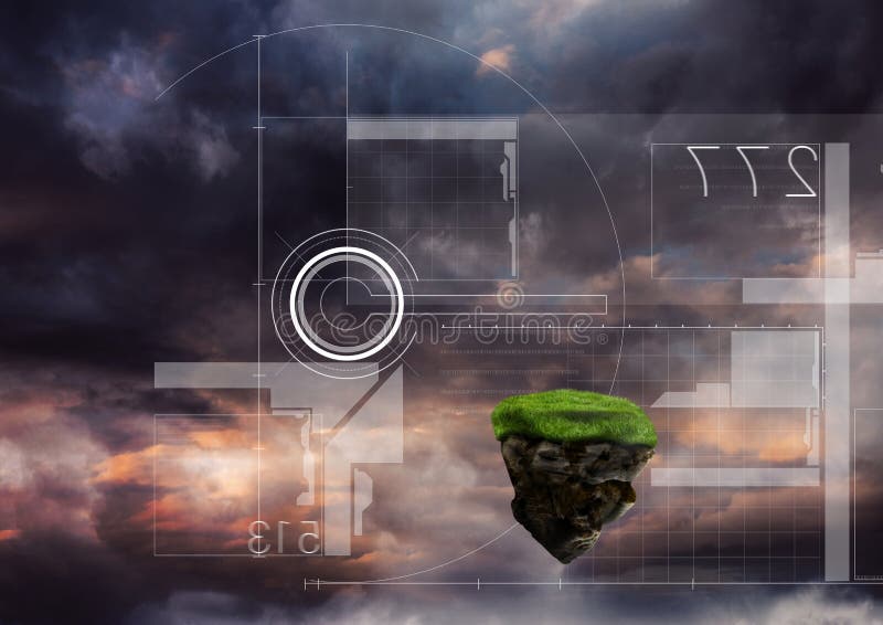 Floating Rock Platform with Futuristic Interface and Sky Clouds Stock ...