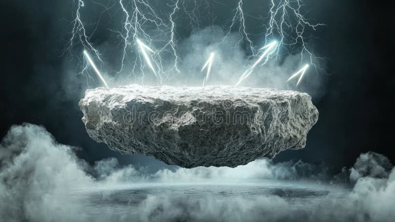 Floating Rock on Podium Surrounded by Clouds and Lightning Creates ...
