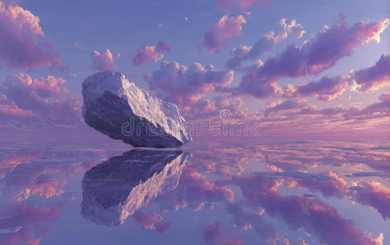Floating Rock Reflecting in Purple Sunset Water Stock Illustration ...
