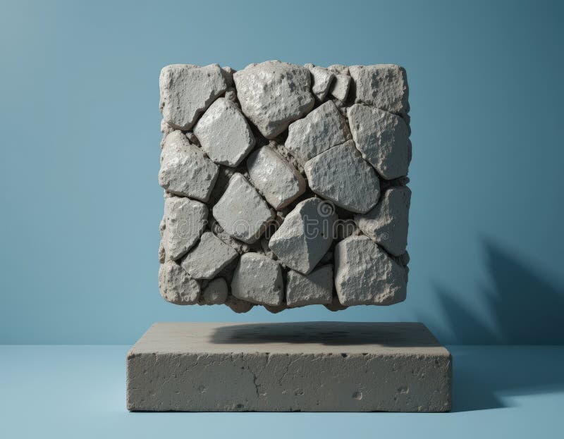 Floating Rock Structure on Concrete Base Against Blue Background Studio ...