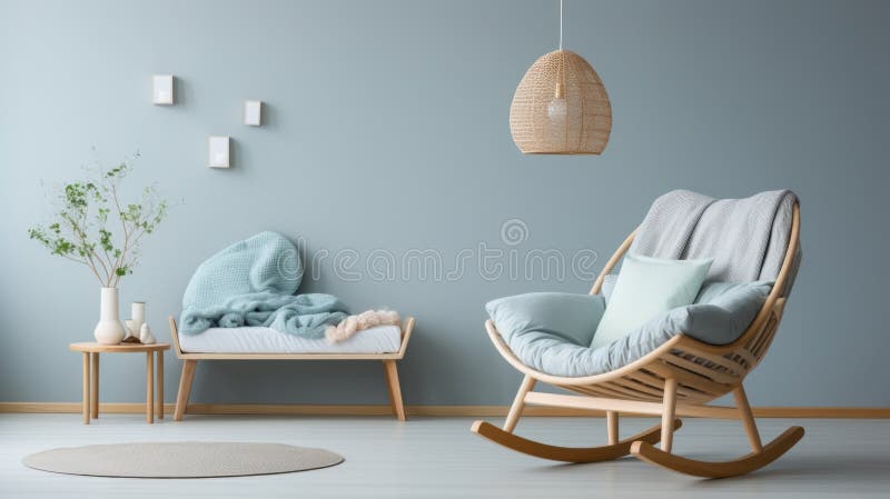 Floating Rocking Chair in Soft Blue Room with Minimalist Staging Stock ...