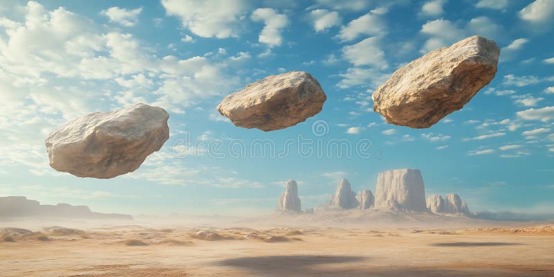 Floating Rocks Over Desert Landscape Surreal Digital Art Stock ...