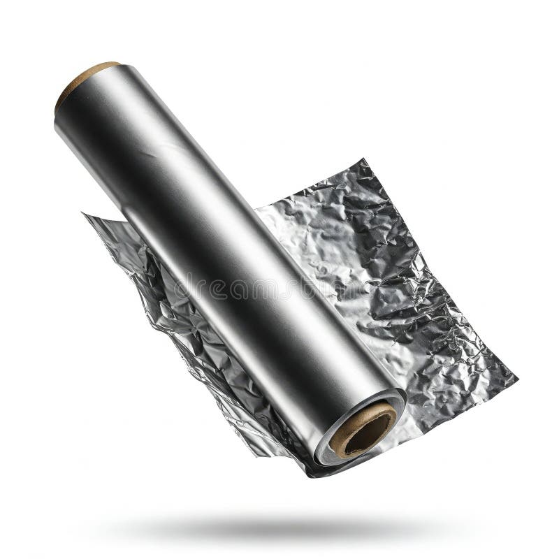 A Floating Roll of Aluminum Foil, Partially Unrolled, Against a Solid ...