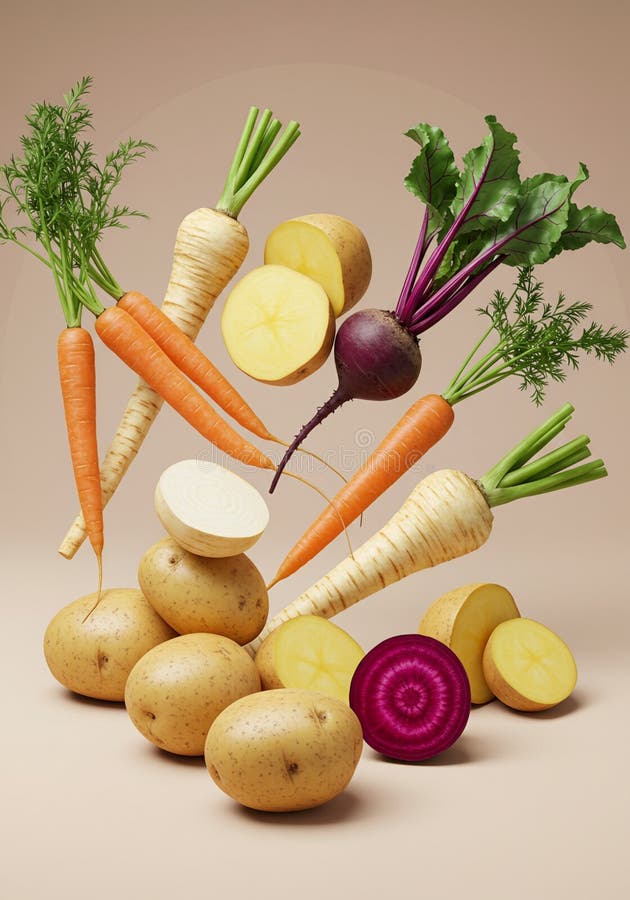 Floating Root Vegetables on Beige Background Stock Illustration ...