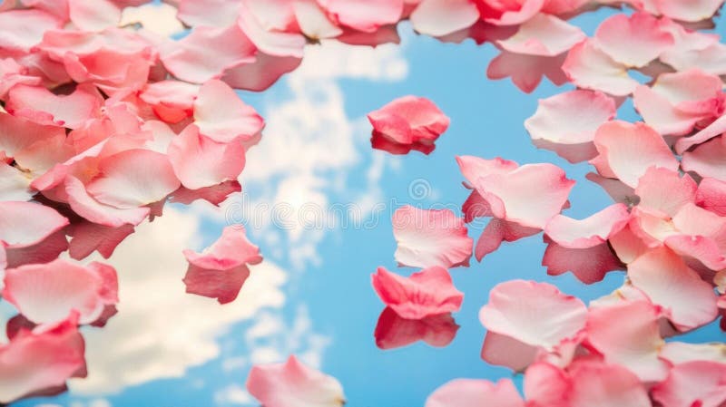 Floating Rose Petals on Blue Water Reflect a Sky Stock Illustration ...