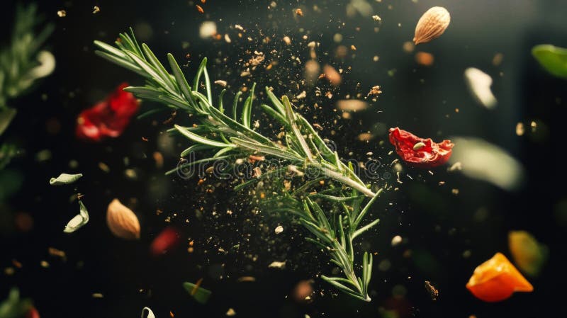 Floating Rosemary and Spices Against Dark Background Stock Illustration ...