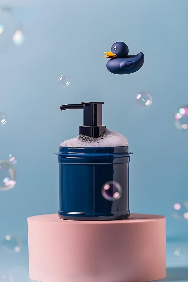Floating Rubber Duck Above Dark Blue Soap Dispenser Stock Illustration ...