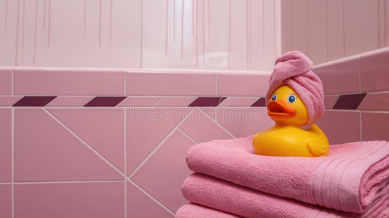 Floating Rubber Duck with Pink Shower Cap in Pink-Tiled Bathroom Stock ...