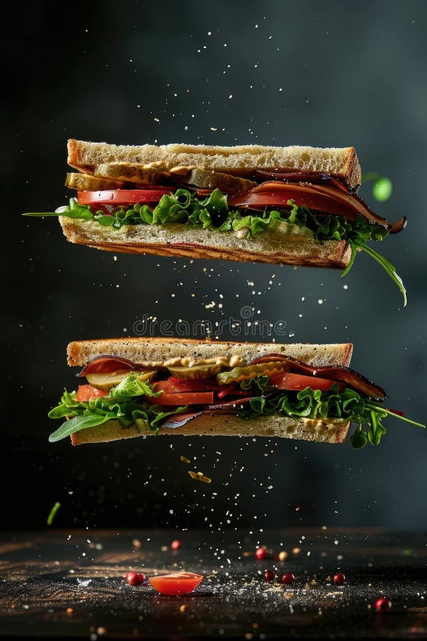 Floating Sandwich with Lettuce, Tomato, and Whole Grain Bread Stock ...
