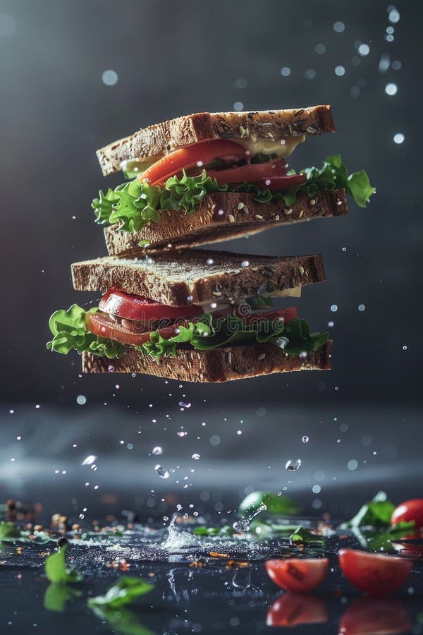 Floating Sandwich with Lettuce, Tomato, and Whole Grain Bread Stock ...