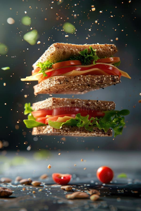 Floating Sandwich with Lettuce, Tomato, and Whole Grain Bread Stock ...