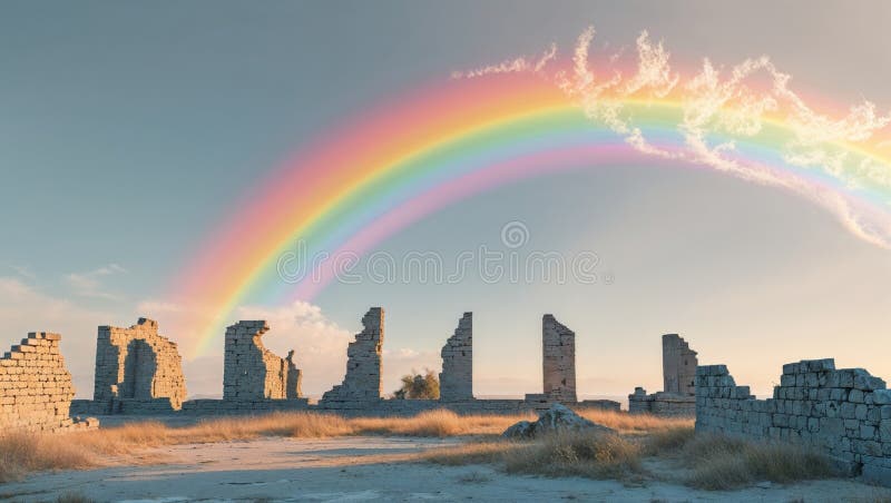 A Floating Scene Under a Rainbow, Where Shadows Stretch Across Ancient ...