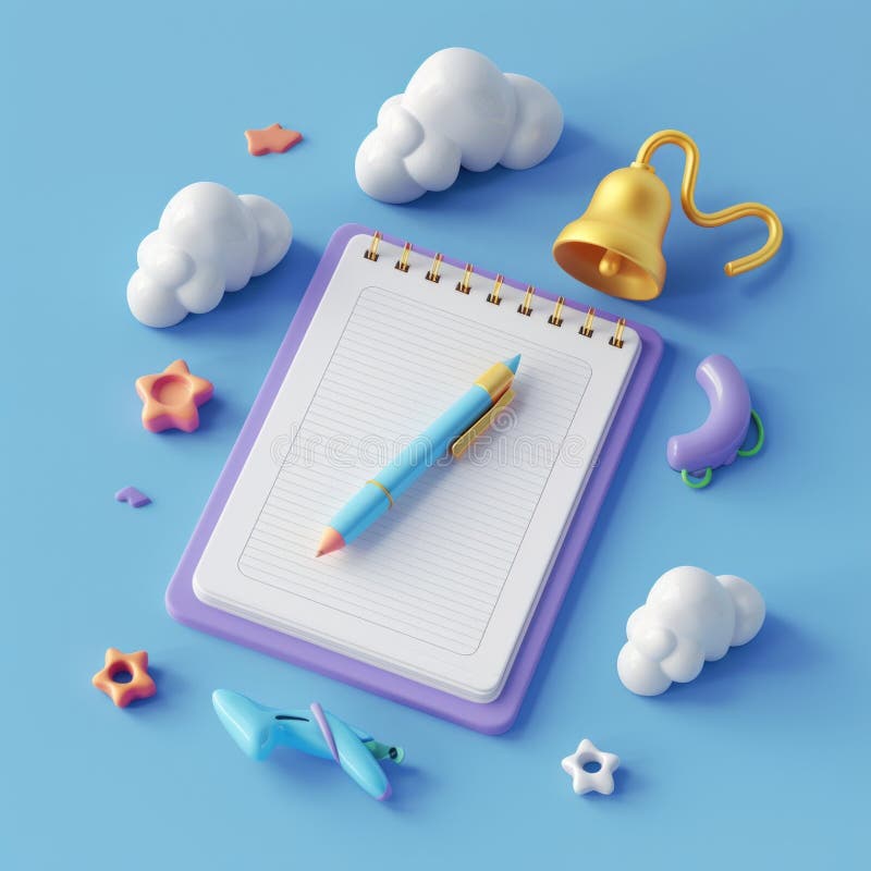 Floating School Supplies with Notepad on Blue Background Stock Image ...
