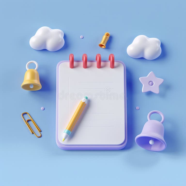 Floating School Supplies with Notepad on Blue Background Stock Image ...