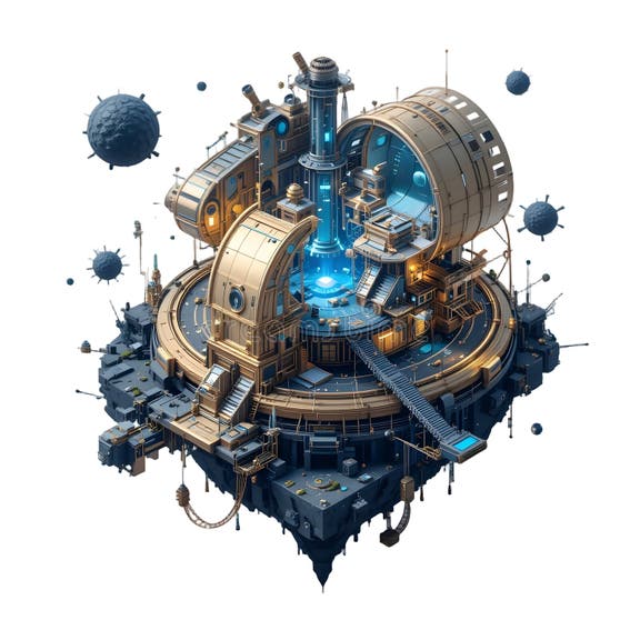 Floating Sci-fi Structure with Blue Light and Spheres Illustration Stock Illustration ...