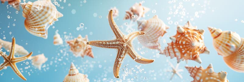 Floating Sea Shells and Starfish with Bubble on Blue Background Banner ...