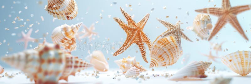 Floating Sea Shells and Starfish with Bubble on Blue Background Banner ...